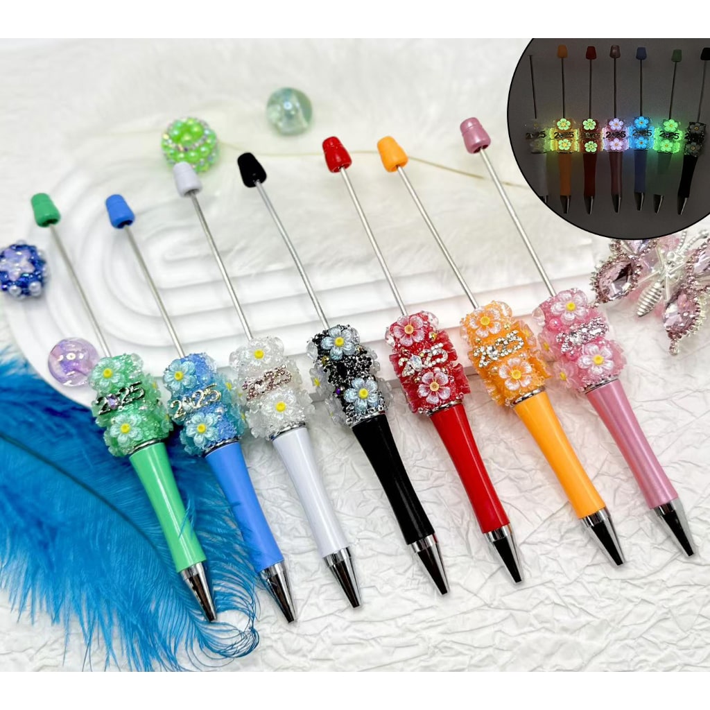 Solid Color Beadable Pens with Small Flowers Shiny Pearls Heart Diamon ...