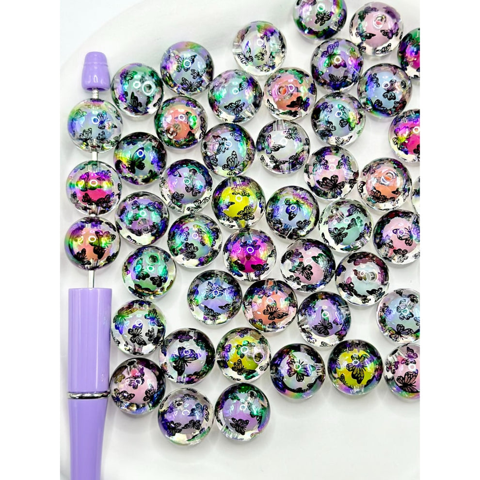 UV Coating Double Layer Clear Acrylic Beads with Black Butterfly Patte ...