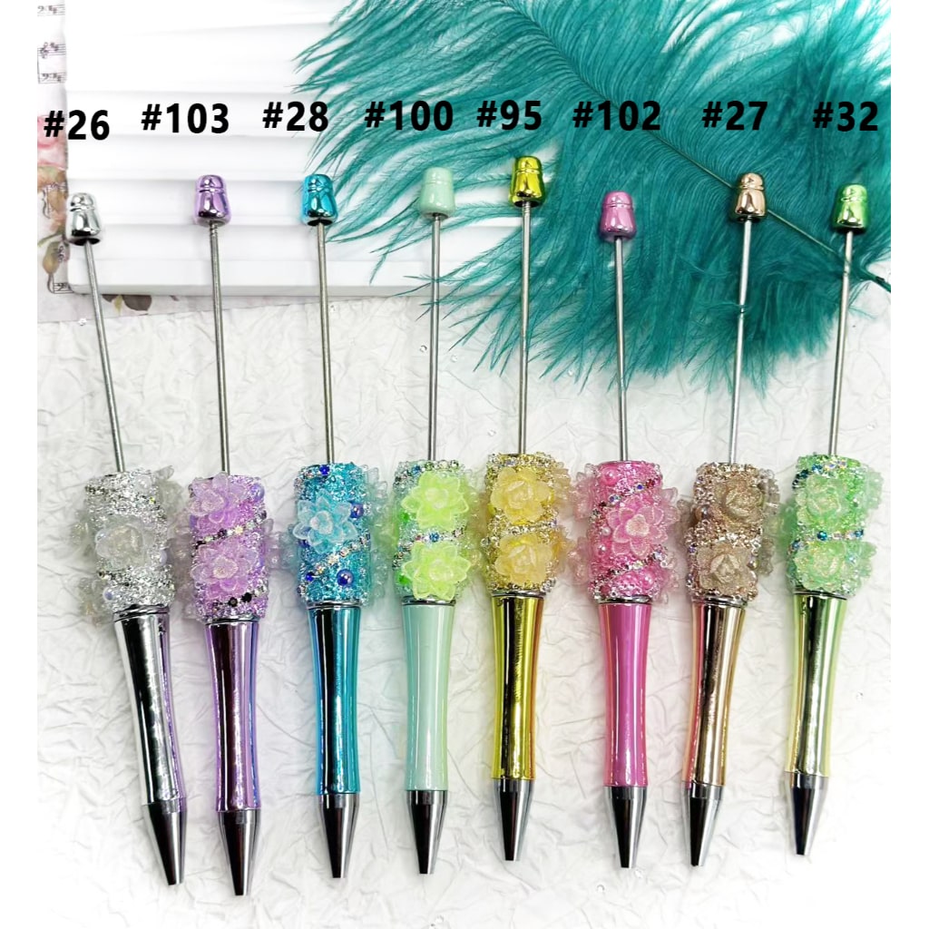Beadable Plastic Pens with Shiny Rhinestone Chains Pearls Small Flower ...