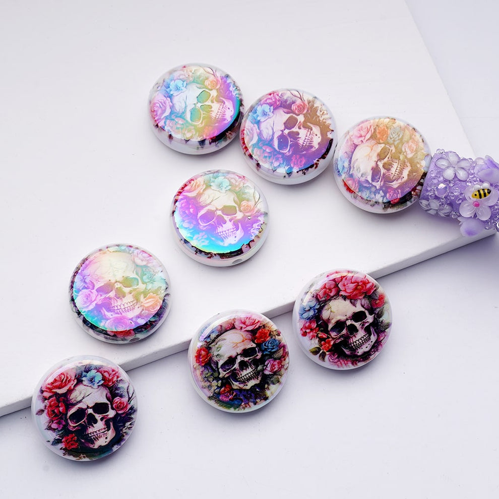 UV Coating Helloween Skeleton Heads Flowers White Round Flat Acrylic B ...