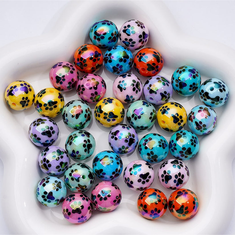 Acrylic Beads UV Coating Black Dog Paw Prints Multi-Color Round, 16MM ...