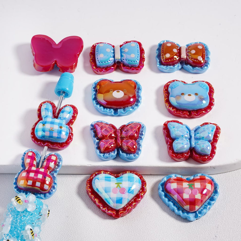 Acrylic Beads UV Coating Cute Wavy-Side Bear Head Butterfly Bowtie, Bl ...
