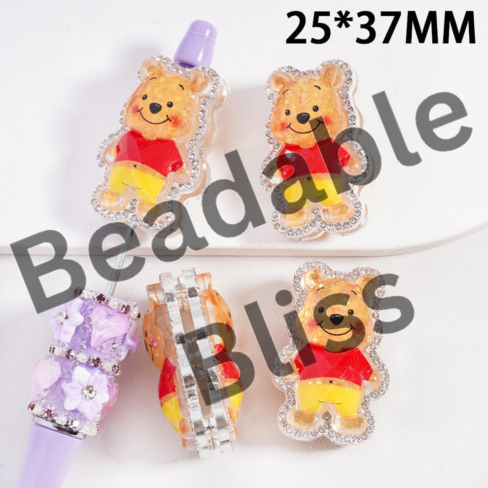 Silver Color Metal Beads with Glittery Bear Character & Clear Rhinesto ...