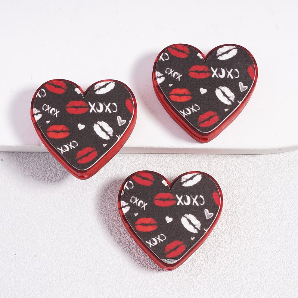 Silicone Focal Beads with Text "XOXO" and Red White Lip Prints Hearts ...