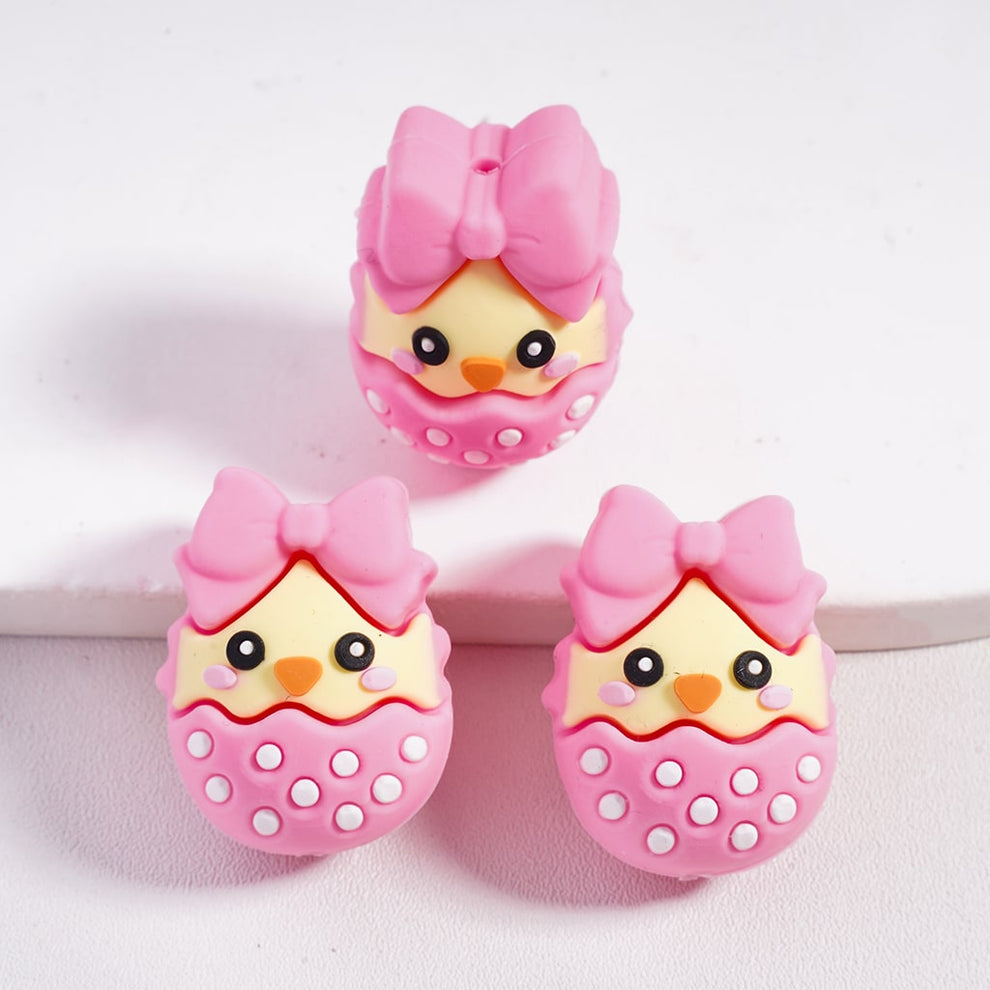 Silicone Focal Beads 3D Hatched Chick with Bowtie and Polka Dots, Pink ...