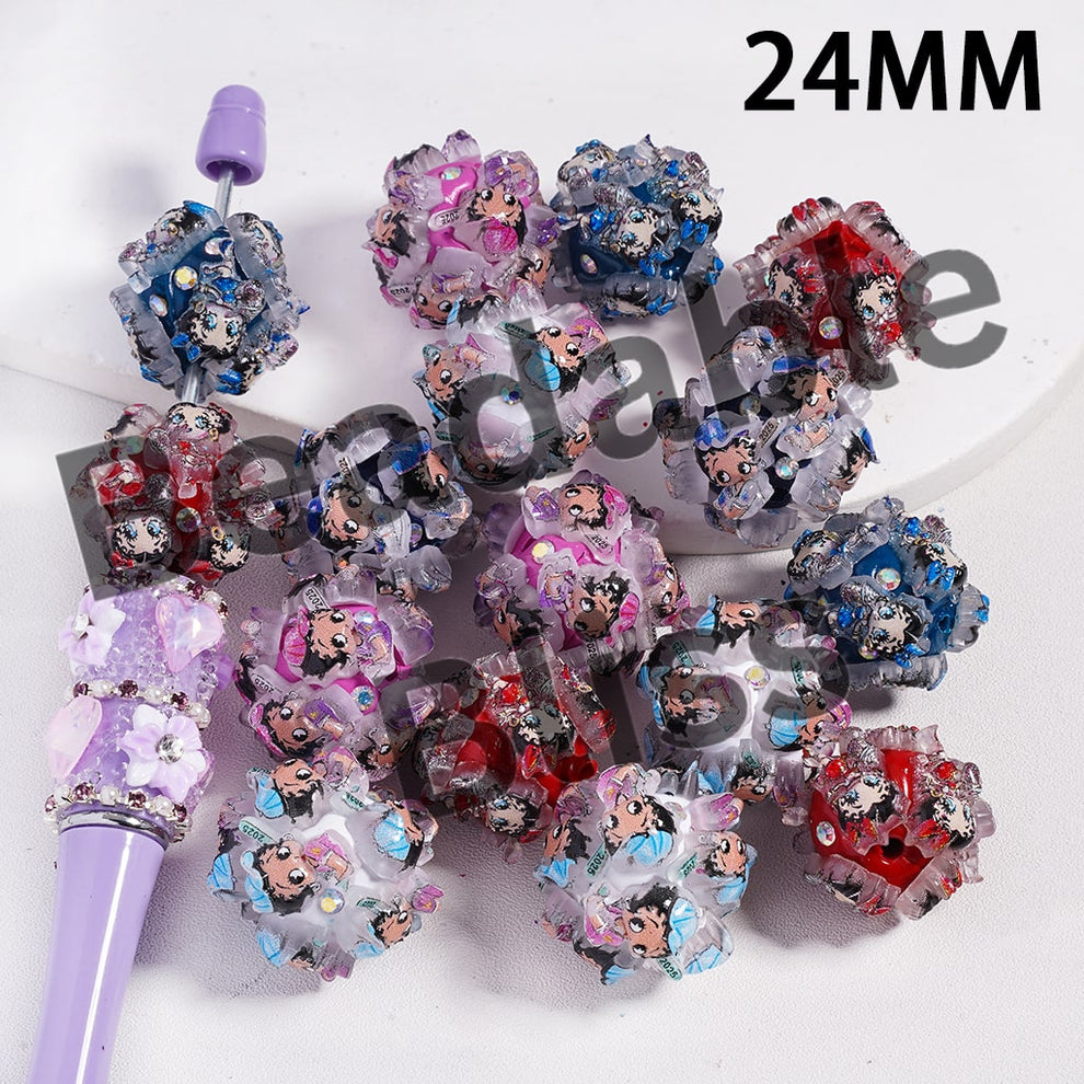 Clay Beads with Old Girl Character Wearing Bowtie and Hat, AB Rhinesto ...