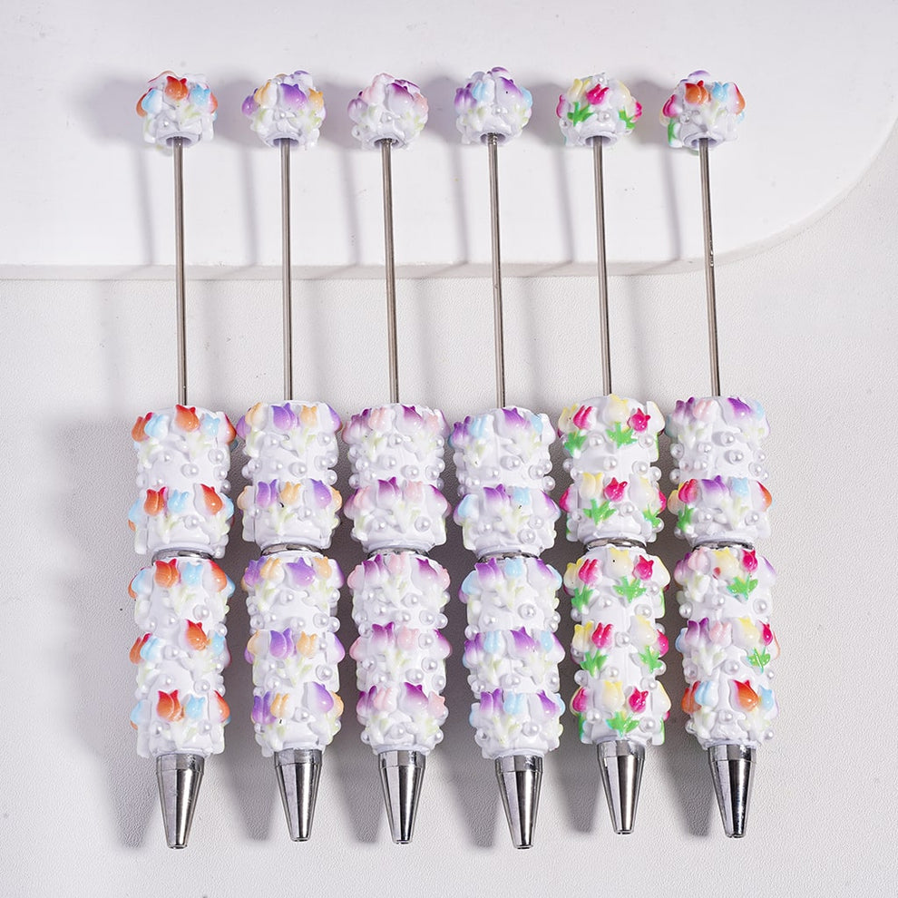 Beadable Clay Pens with Double Colors Tulip Flowers and White Pearls ...