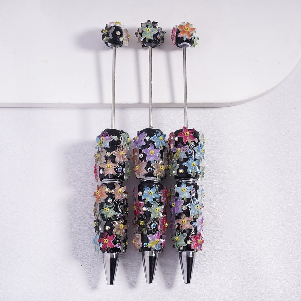 Beadable Clay Pens Various Colors Five-Petaled Flowers with Smiling Fa ...