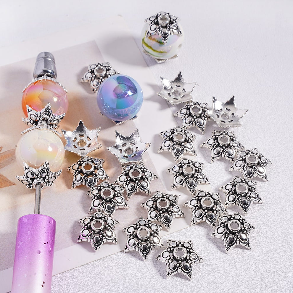 Metal Bead Cages with Six-Pointed Flower, Alloy Bead Cap, 15MM, Gun Bl ...