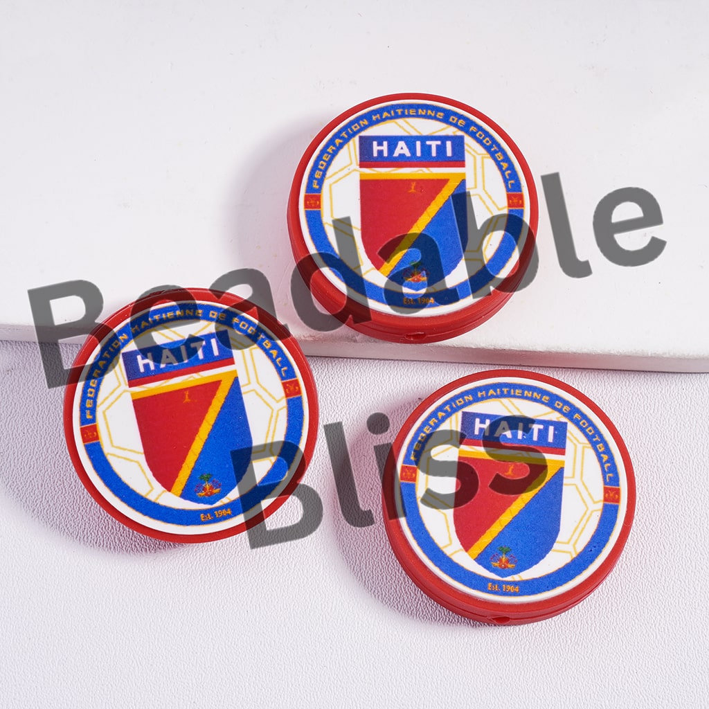 Silicone Focal Beads HAITI Football Soccer Team, Flat Round Shape ...