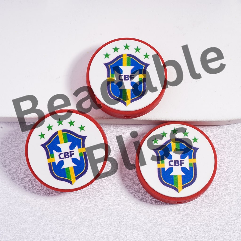 Silicone Focal Beads Brazil Football Soccer Team, Flat Round Shape ...