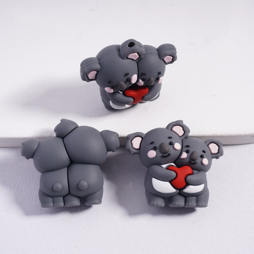 Silicone Focal Beads 3D Double Koala Holding Red Heart, Multi-Color ...