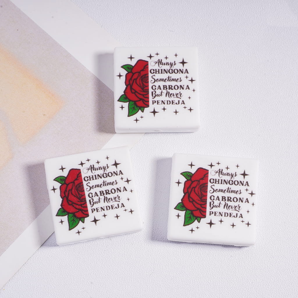 Silicone Focal Beads with Red Rose Flower and Text "ALWAYS CHINGONA SO ...