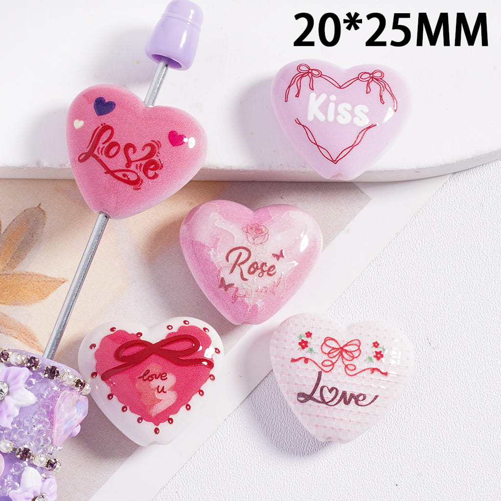 Acrylic Beads Heart with Text "LOVE ROSE KISS" Valentine's Day, Pink S ...