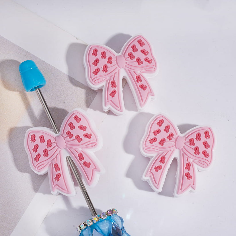 Silicone Focal Beads Pink Bowtie with Rose Pink Girl Health Ribbon Pat ...