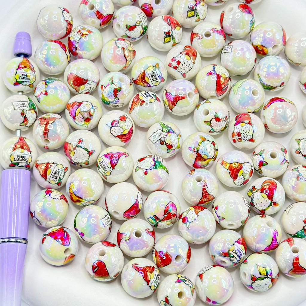 White Bead with Santa Claus Print Merry Christmas Round Acrylic Beads ...