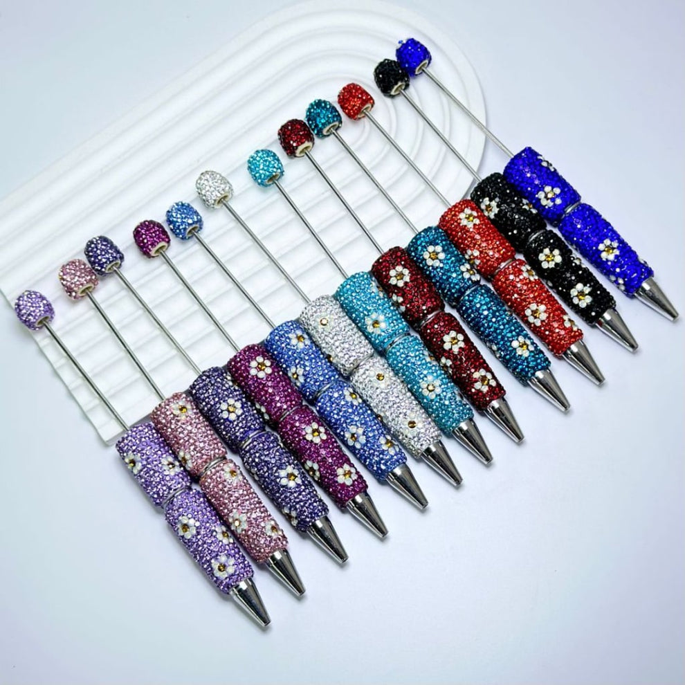 Beadable Clay Pens with White & Gold Flowers Colorful Shiny Rhinestone ...