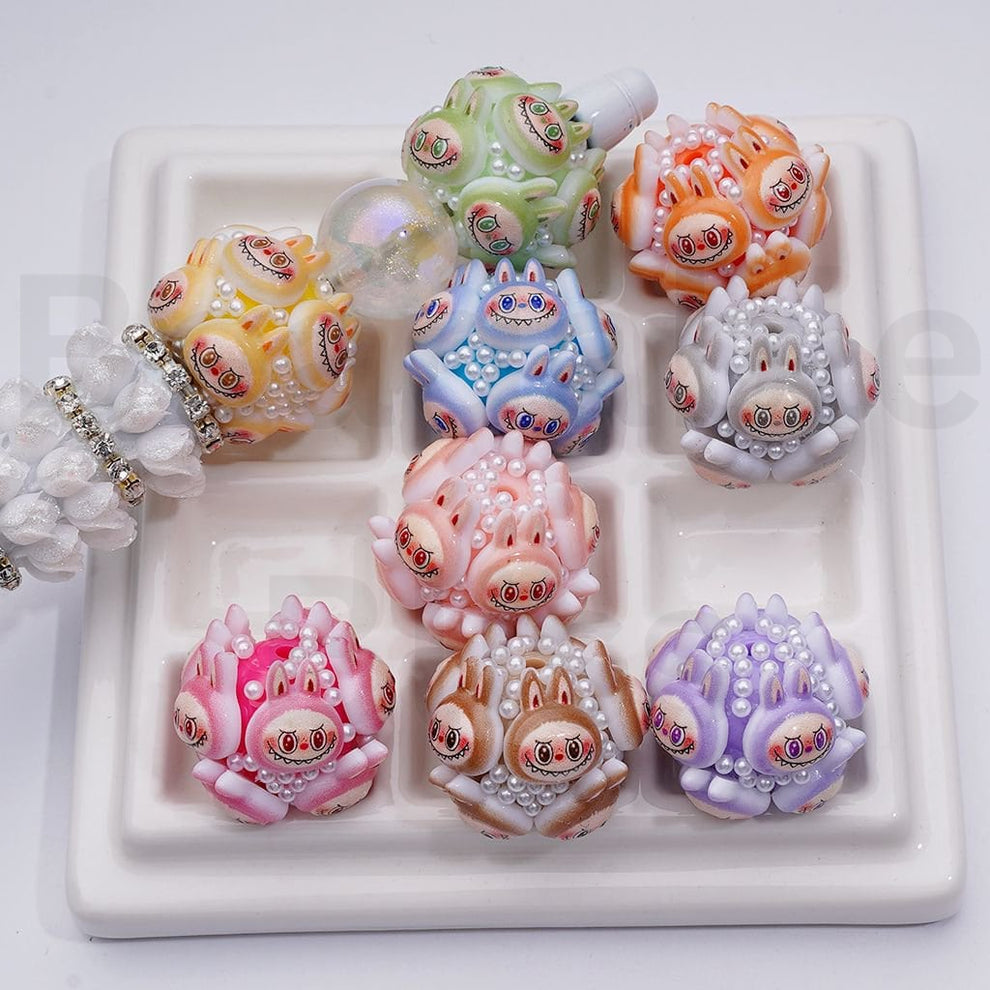 Cute Labub Monster Pop Mar White Pearls Round Acrylic Beads in Solid C ...