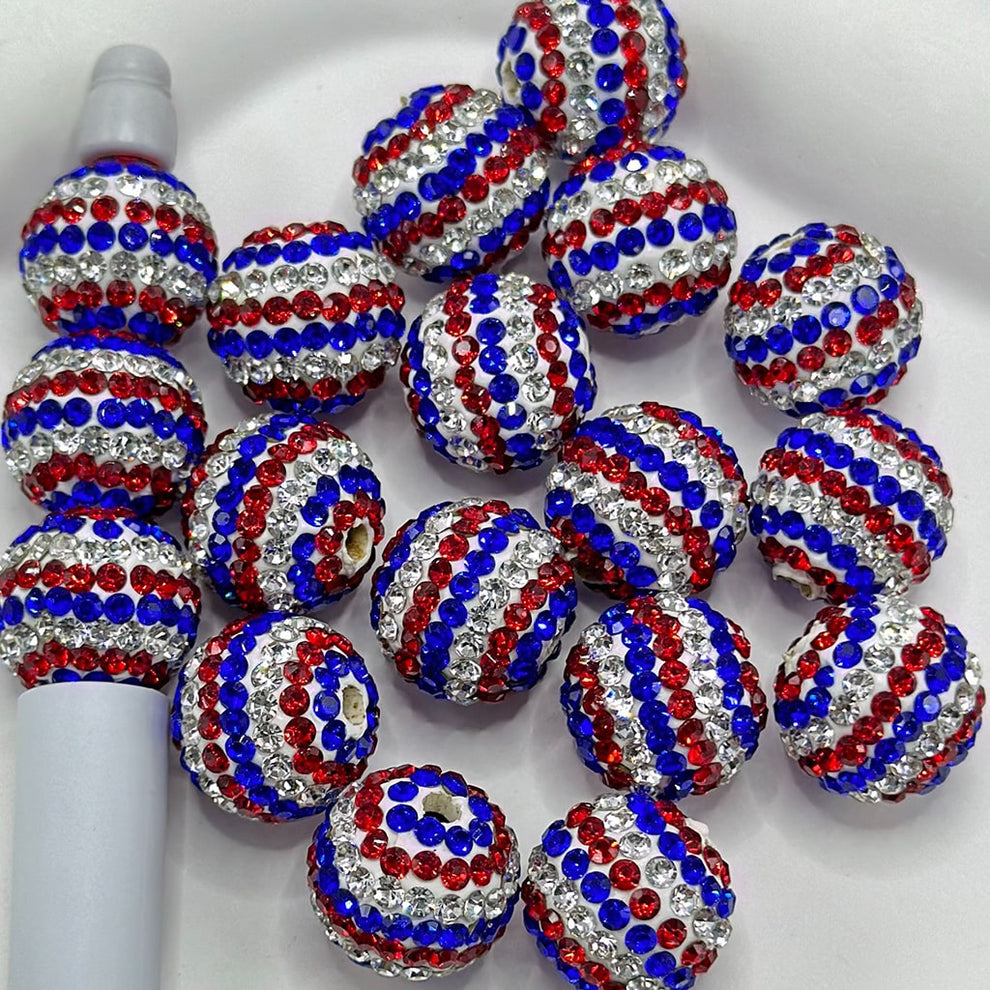 White Round Clay Beads with American Flag Colors Rhinestones, 16mm, Ra ...