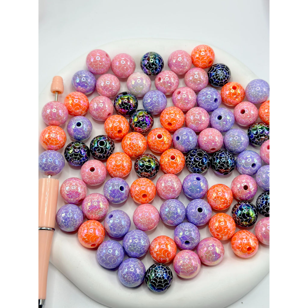 UV Coating Acrylic Beads with Spider Net Prints in Solid Colors, 16MM ...